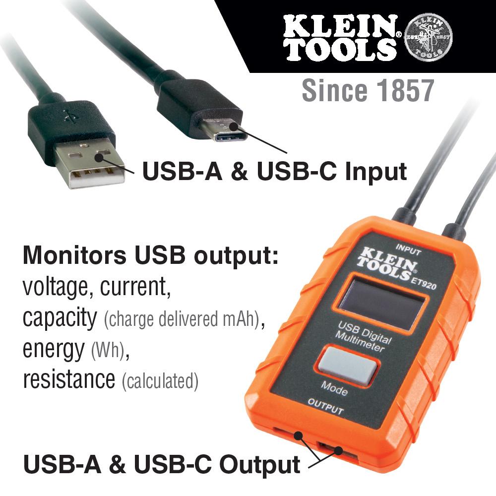 Klein Tools ET920 USB Digital Meter, USB-A and USB-C – KPaul Industrial
